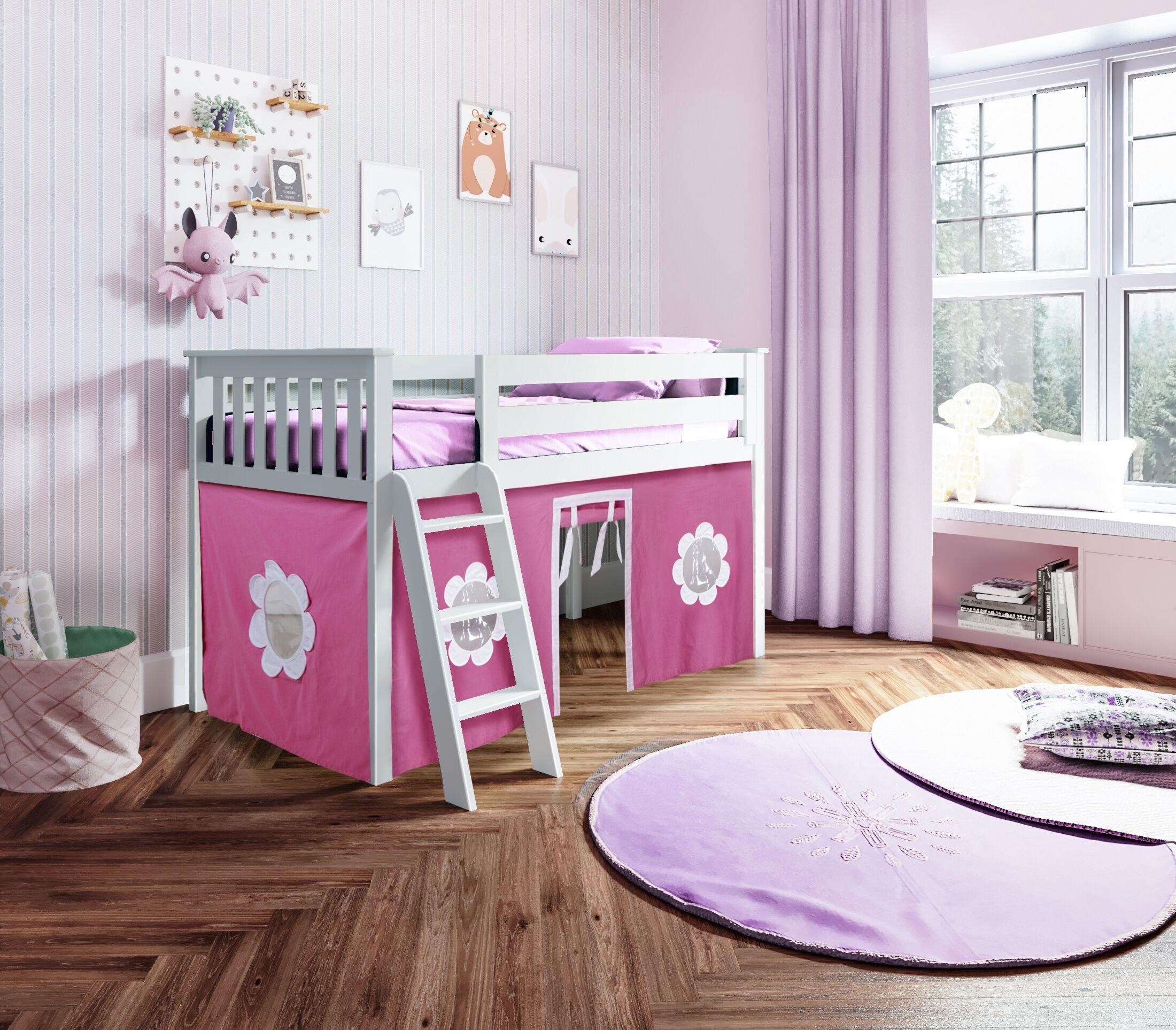 Jackpot Kids Loft Beds 465851073 York 1 Low Loft Bed in White w Angle Ladder w Curtain in Hot Pink White Belfort Furniture Loft Beds